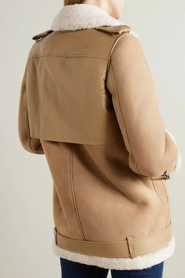 FRAME Belted Leather-trimmed Shearling Jacket
