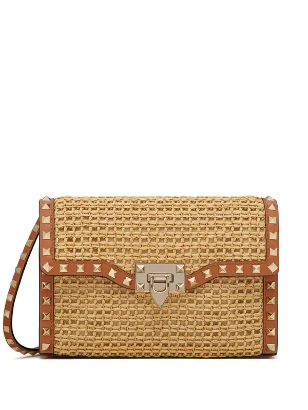Valentino Garavani Small Rockstud Raffia Shoulder Bag