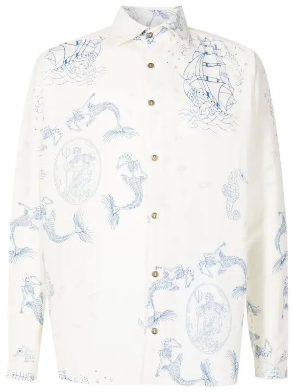 AMIR SLAMA Logo-engraved Graphic-print Shirt - White