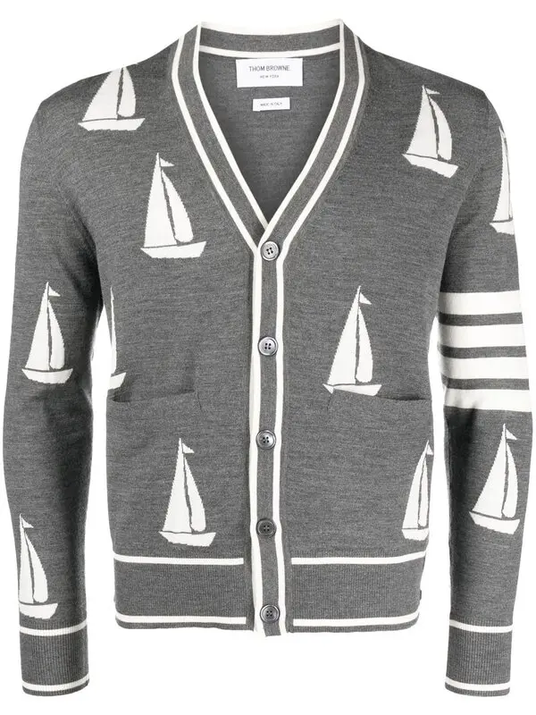 Thom Browne Sailboat Intarsia Merino Wool Cardigan - Grey