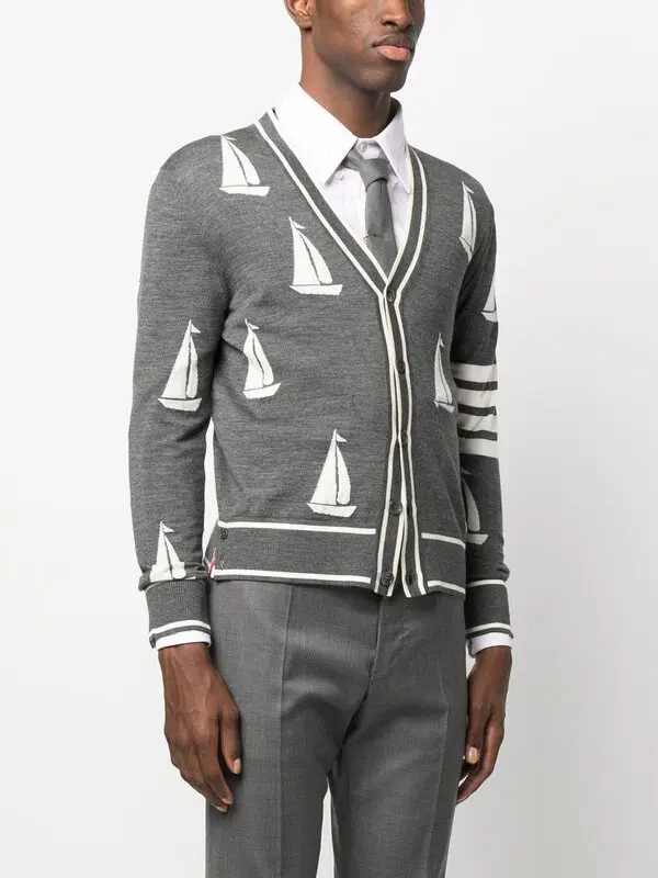 Thom Browne Sailboat Intarsia Merino Wool Cardigan