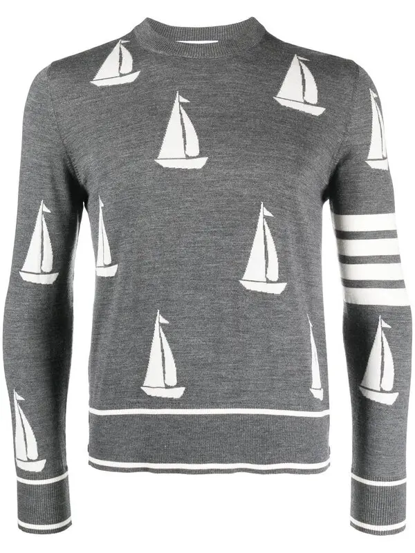 Thom Browne Sail Boat Motif Merino Wool Sweater - Grey