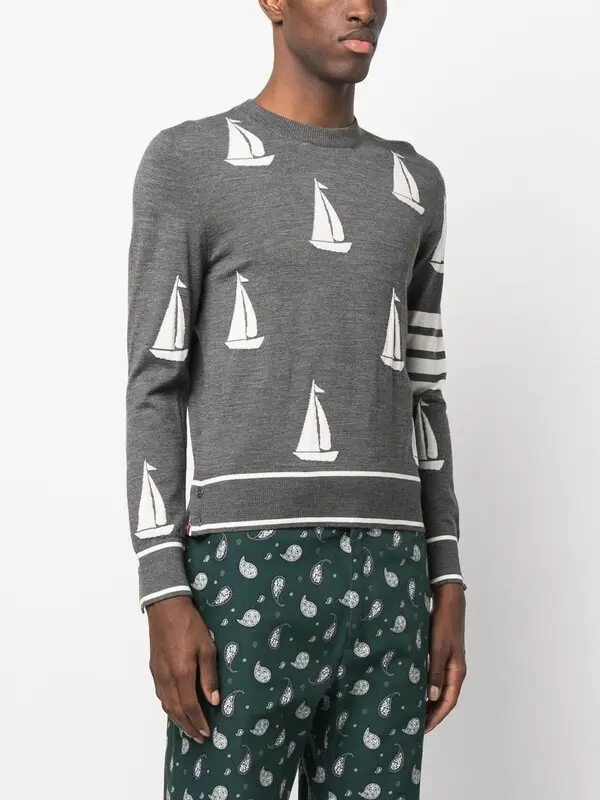 Thom Browne Sail Boat Motif Merino Wool Sweater