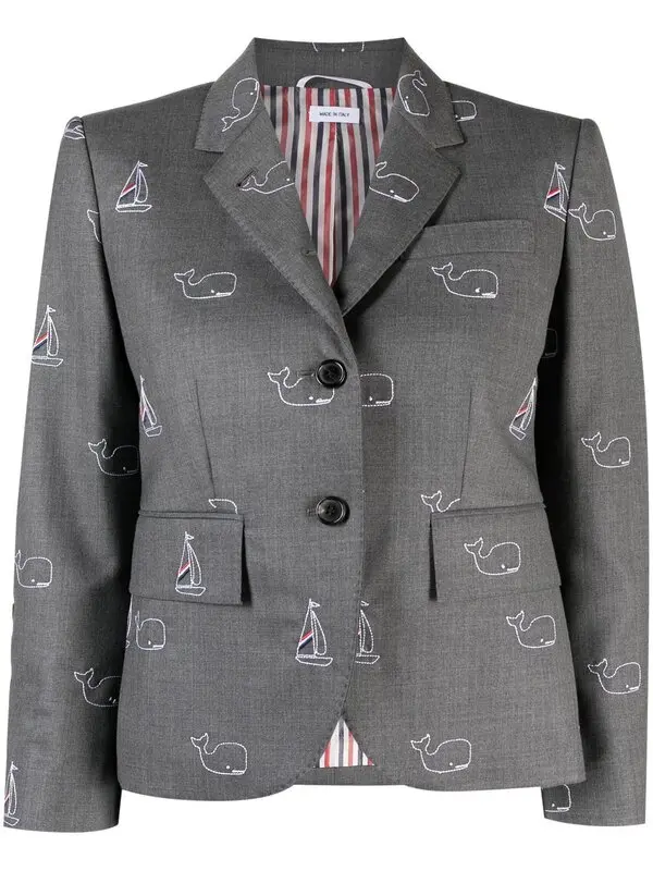 Thom Browne Motif-embroidered Single-breasted Blazer - Grey