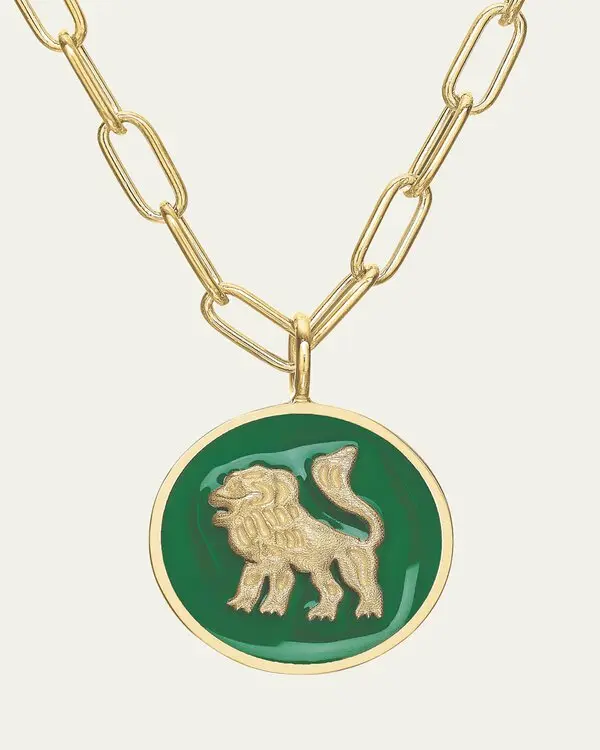 TRACEE NICHOLS 14k Yellow Gold Mini Lion Token Pendant Necklace - Green Enamel