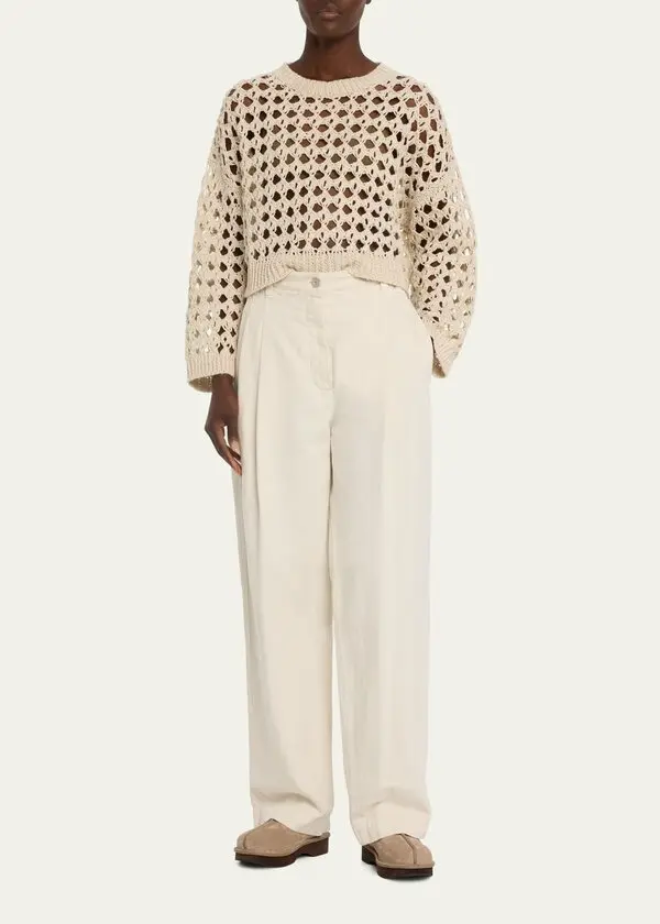 Brunello Cucinelli Jute Cotton Openwork Knit Sweater