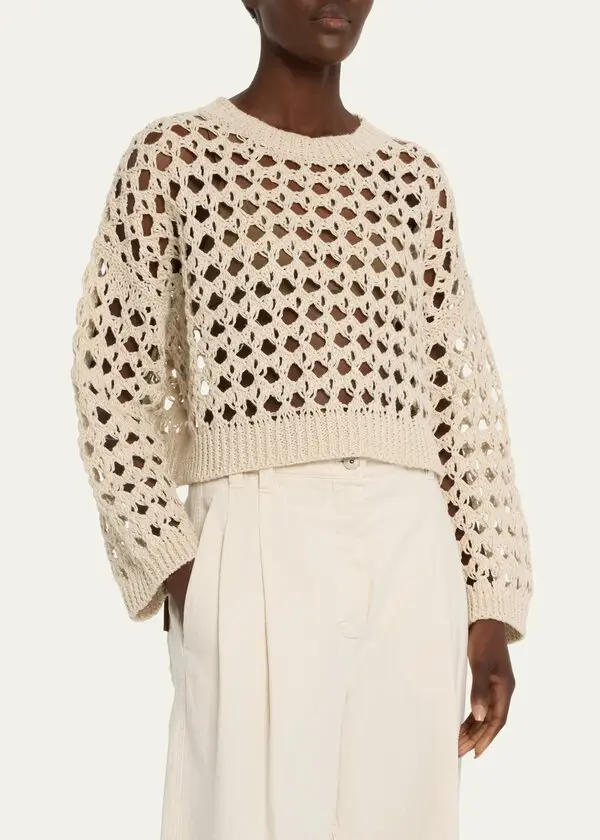 Brunello Cucinelli Jute Cotton Openwork Knit Sweater