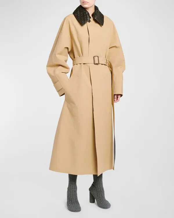 Bottega Veneta Waterproof Cotton Belted Trench Coat With Leather