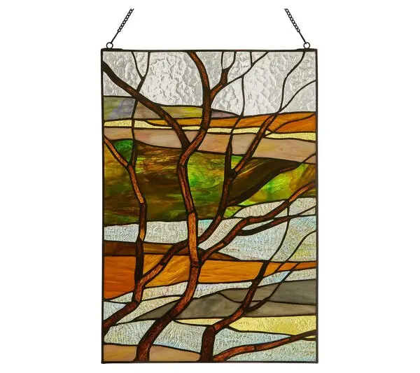 RIVER OF GOODS 20'h Treescape Stained Glass Win Dow Panel - One-color