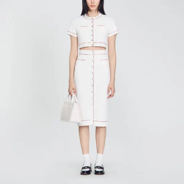 Sandro Knit Rhinestone Midi Skirt - Ecru