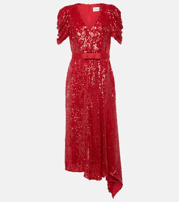 Erdem Asymmetric Sequined Midi Dress - Red