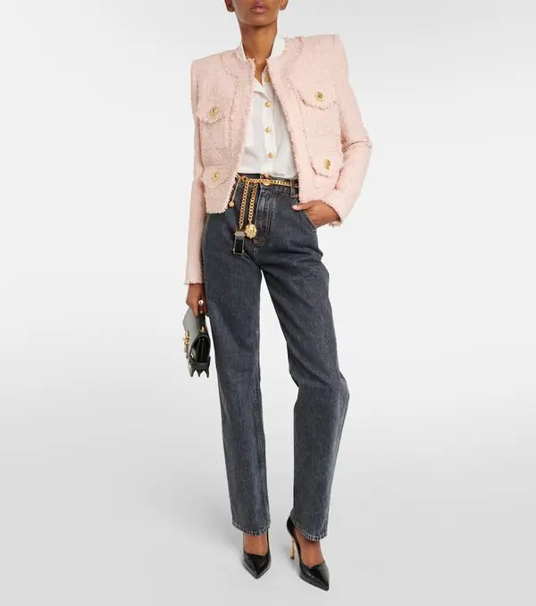 Balmain Cropped Tweed Jacket - Pink