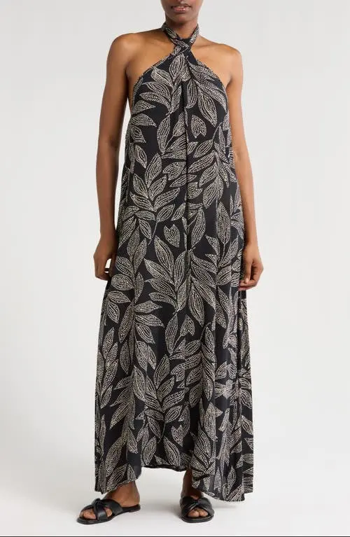 Elan Halter Neck Cover-up Maxi Dress - Black Catagena Print