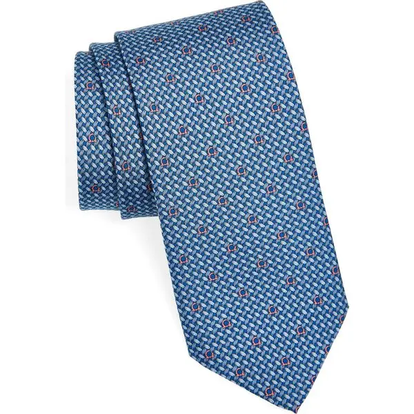 FERRAGAMO Gancini Print Silk Tie - Bluette/azzurro