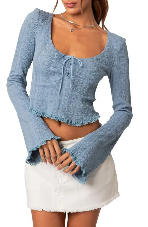 EDIKTED Lacey Ruched Bell Sleeve Crop Top - Blue