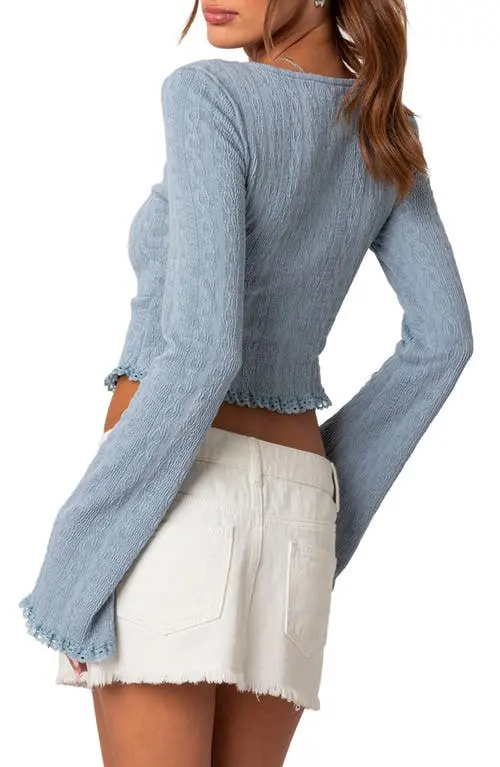 EDIKTED Lacey Ruched Bell Sleeve Crop Top - Blue