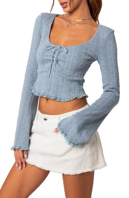 EDIKTED Lacey Ruched Bell Sleeve Crop Top - Blue