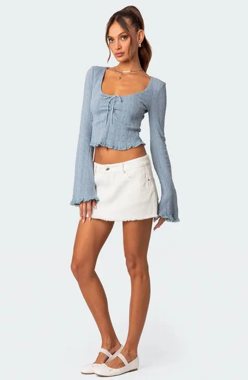 EDIKTED Lacey Ruched Bell Sleeve Crop Top - Blue