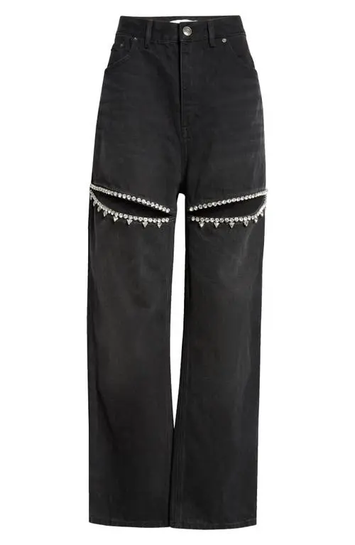 AREA Crystal Slit Straight Leg Jeans - Black