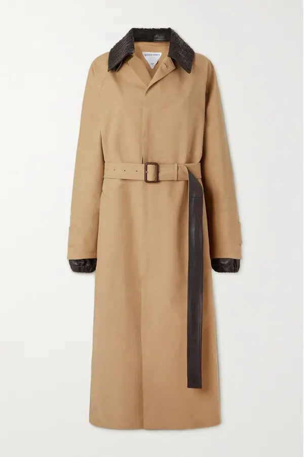 「BOTTEGA VENETA」Light Beige Trench Coat Bottega Veneta Leather-Trimmed Trench Coat - Neutrals | Editorialist