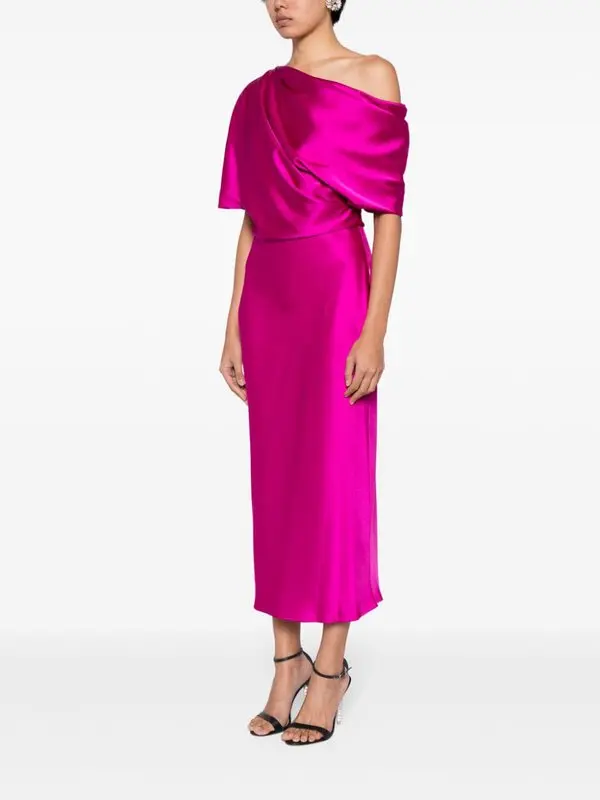 Amsale Off-Shoulder Draped Midi Dress - Purple | Editorialist