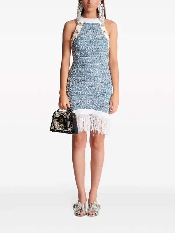 Balmain Fringed Tweed Mini Dress - Blue
