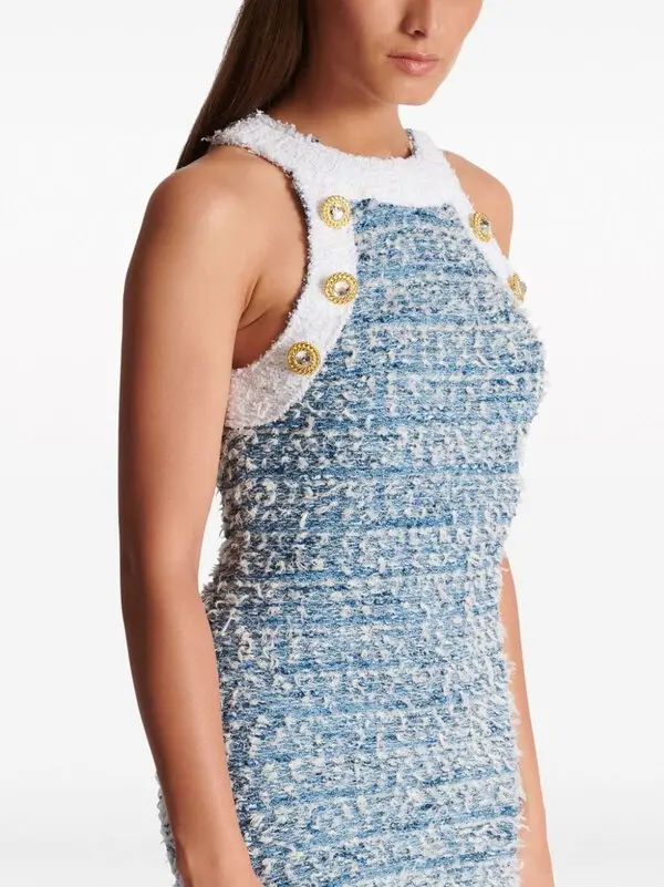 Balmain Fringed Tweed Mini Dress - Blue