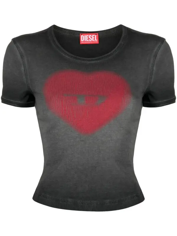 DIESEL® Logo Heart-print Faded T-shirt - Black
