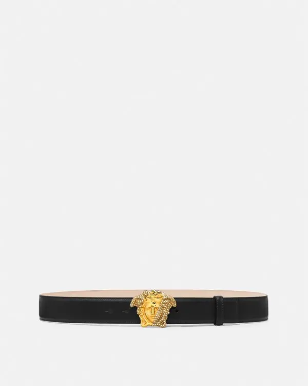 Versace La Medusa Embellished Leather Belt - Black