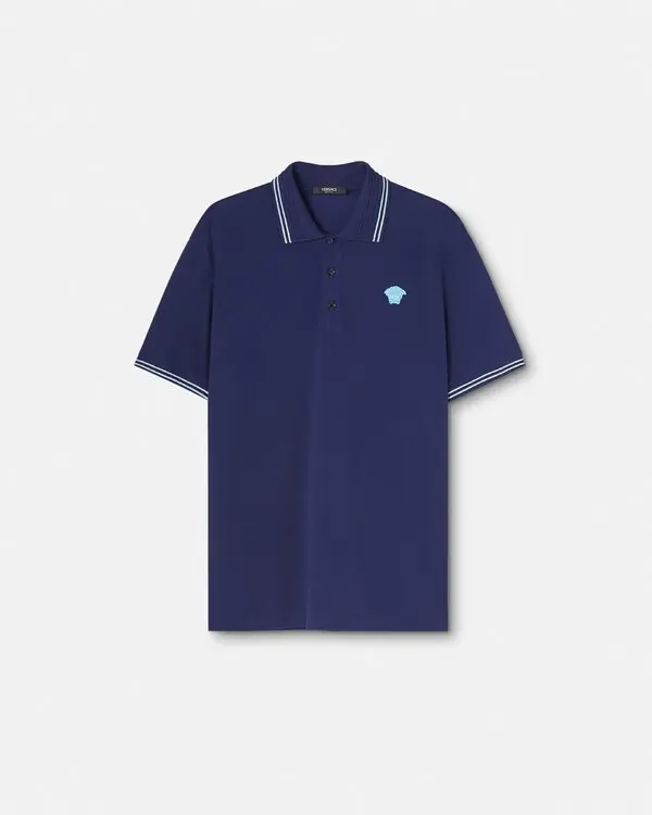 Versace Embroidered Cotton Piqué Polo - Blue