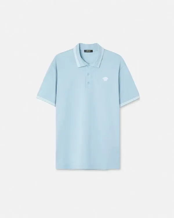 Versace Embroidered Cotton Piqué Polo - Light Blue