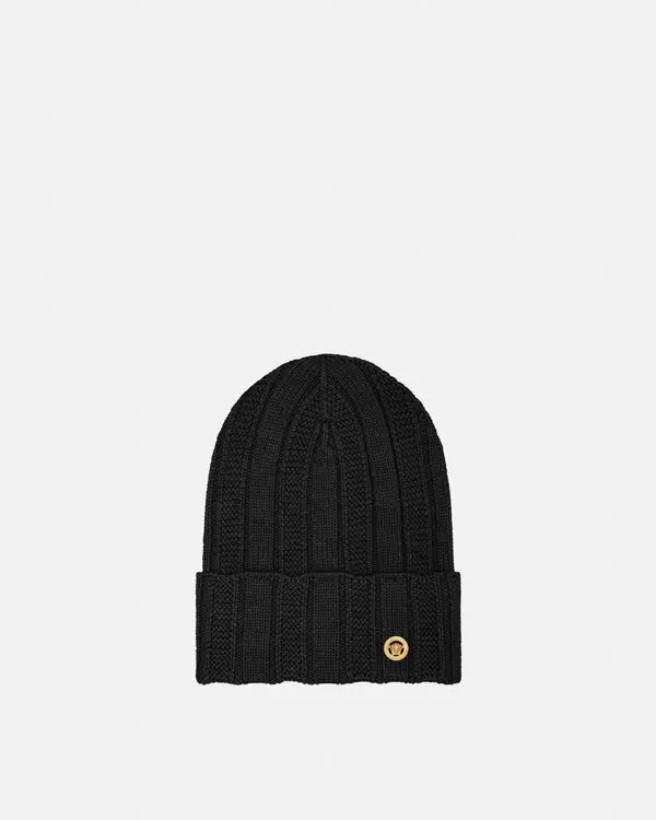 Versace Ribbed Wool Knit Beanie With Medusa Hardware - Black