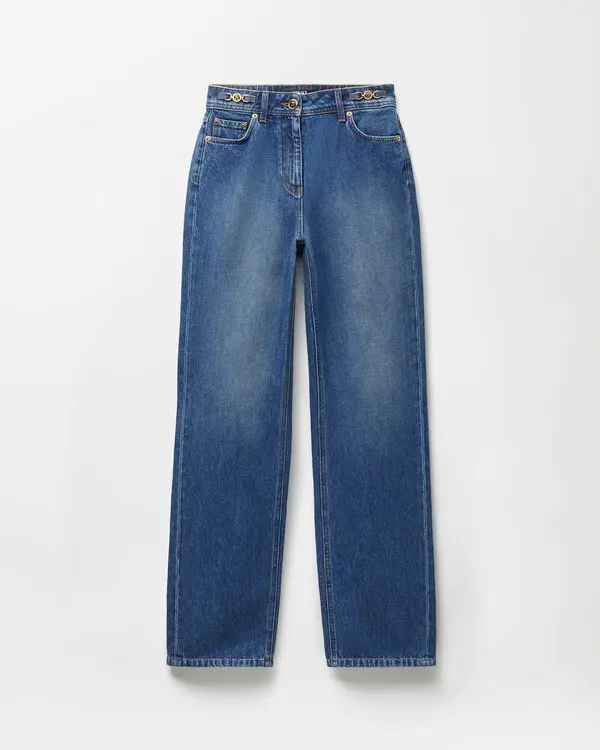 Versace Stone-washed Straight Leg Jeans With Medusa '95 Emblem - Blue