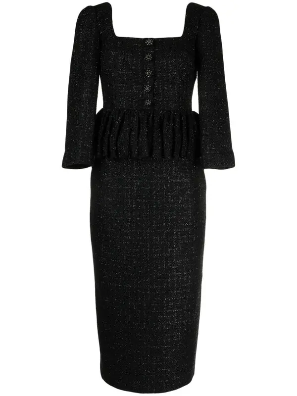 Self-Portrait Square Neck Boucl Midi Dress In Black - 77% Off |  Editorialist