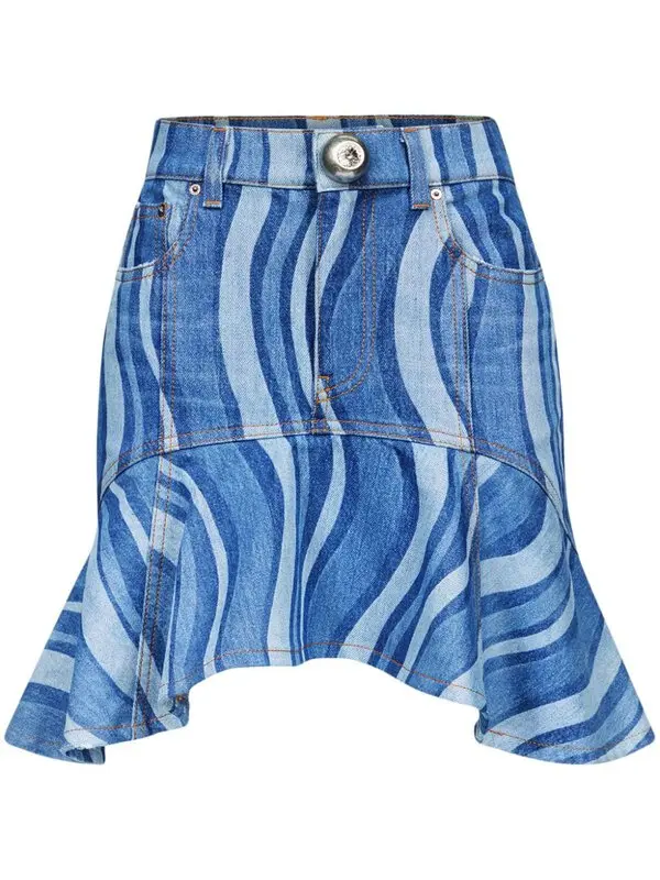 AREA Sunray Ruffle-hem Denim Mini Skirt