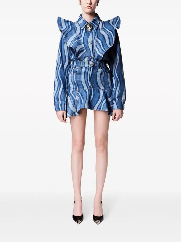 AREA Sunray Ruffle-hem Denim Mini Skirt