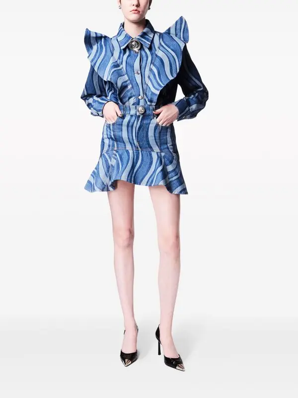 AREA Sunray Ruffle-hem Denim Mini Skirt
