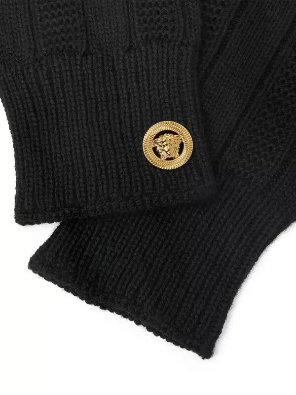 Versace Ribbed Wool Knit Gloves With Medusa Hardware - Black