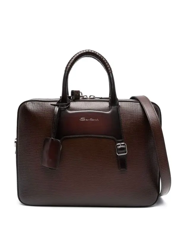 Santoni Leather Briefcase With Embossed Logo - Brown