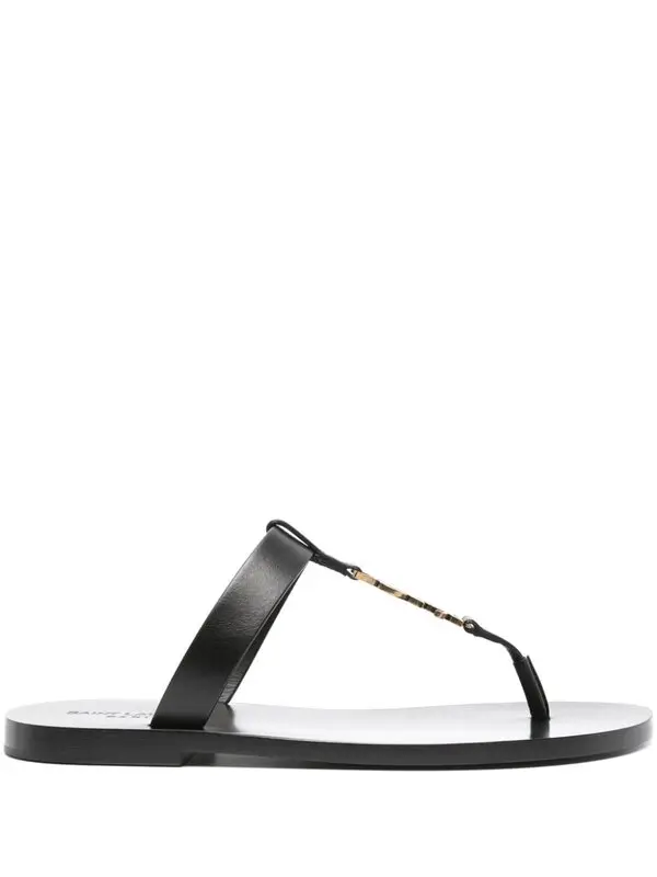 Saint Laurent Cassandre Leather Slides - Black