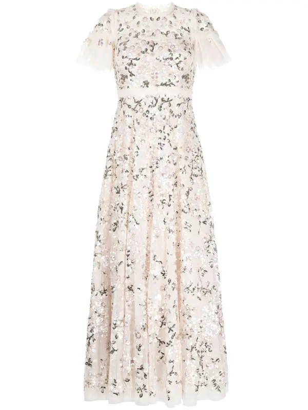 NEEDLE & THREAD Floral-embroidered Short-sleeve Gown