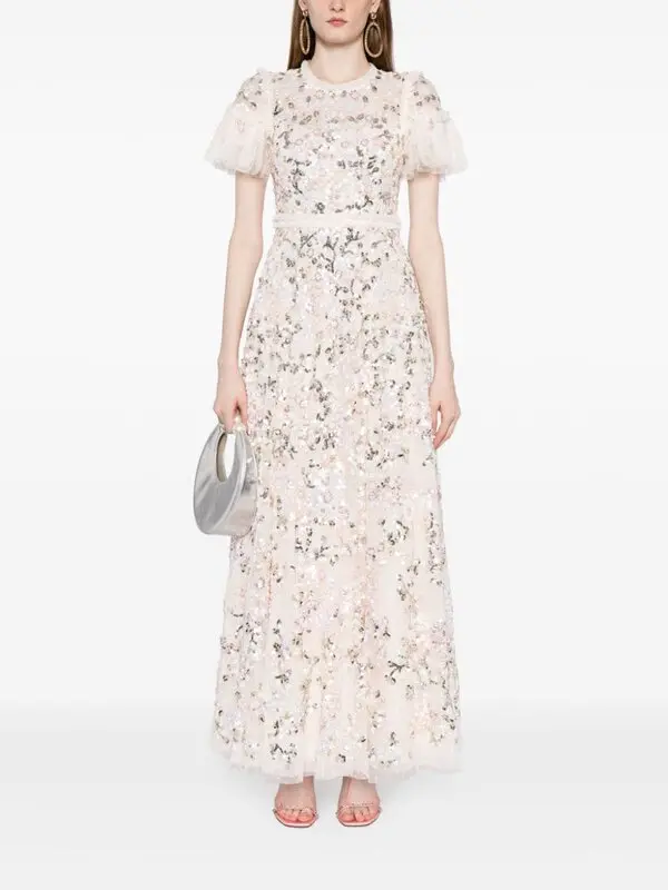 NEEDLE & THREAD Floral-embroidered Short-sleeve Gown