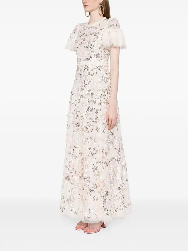 NEEDLE & THREAD Floral-embroidered Short-sleeve Gown