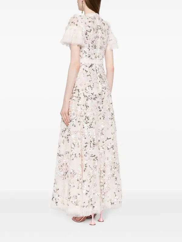 NEEDLE & THREAD Floral-embroidered Short-sleeve Gown