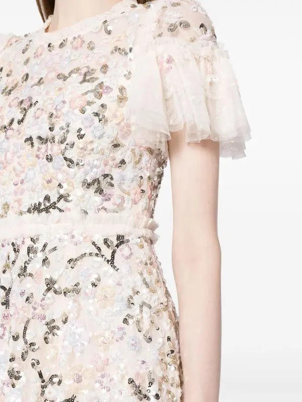 NEEDLE & THREAD Floral-embroidered Short-sleeve Gown