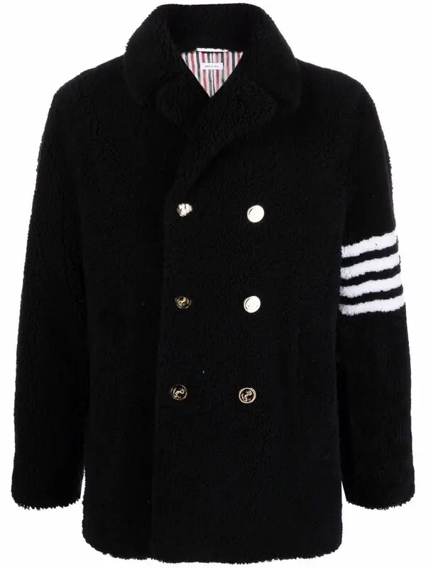 Thom Browne 4-bar Stripe Shearling Pea Coat - Blue