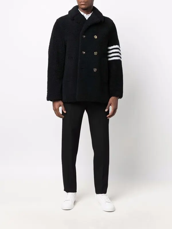 Thom Browne 4-bar Stripe Shearling Pea Coat - Blue