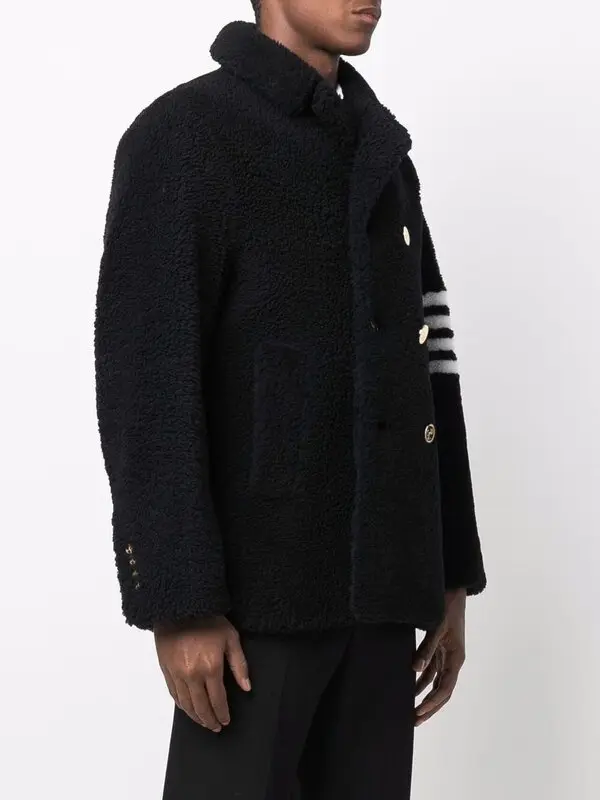 Thom Browne 4-bar Stripe Shearling Pea Coat - Blue