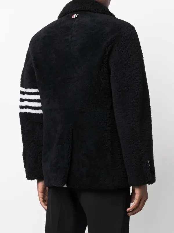 Thom Browne 4-bar Stripe Shearling Pea Coat - Blue