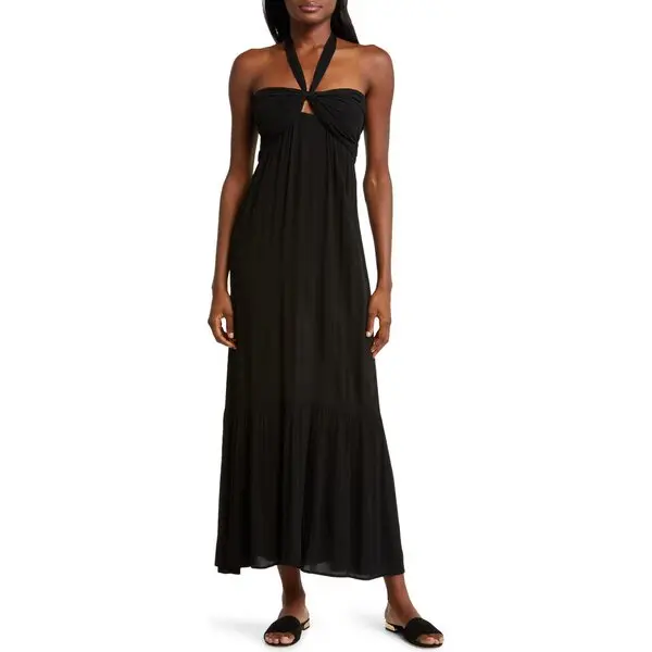 Elan Tiered Halter Maxi Cover-up Dress - Black